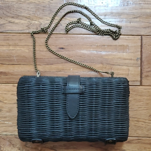 J. Crew | Bags | J Crew Elegant Black Woven Straw Chain Strap Bag ...